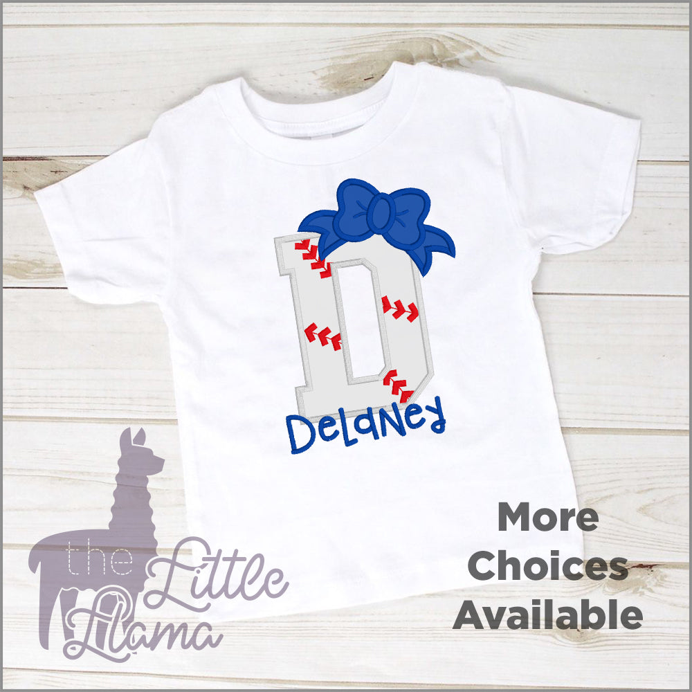 Baseball/Softball Initial with Bow Appliqué – The Little Llama co